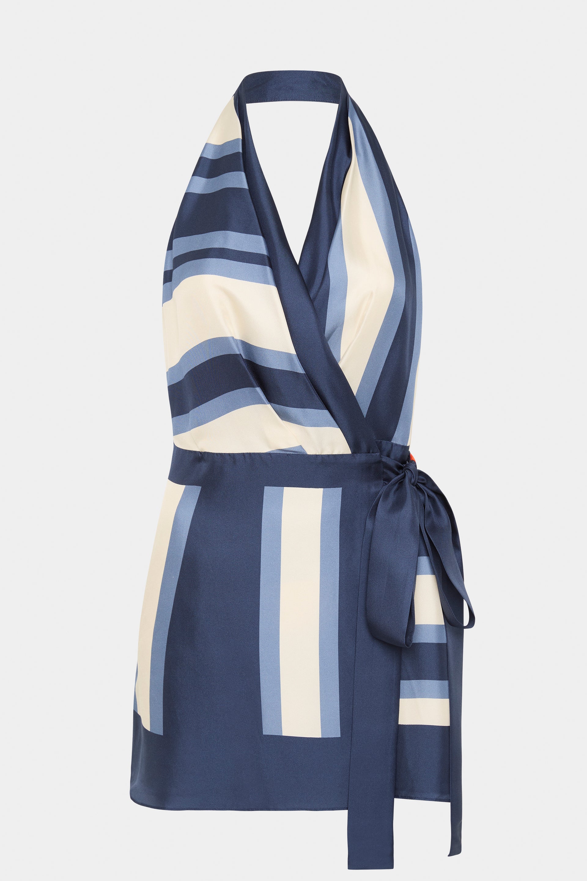 Dazed Wrap Halter Mini Dress | Blue Stripe Studio Print | SIR.