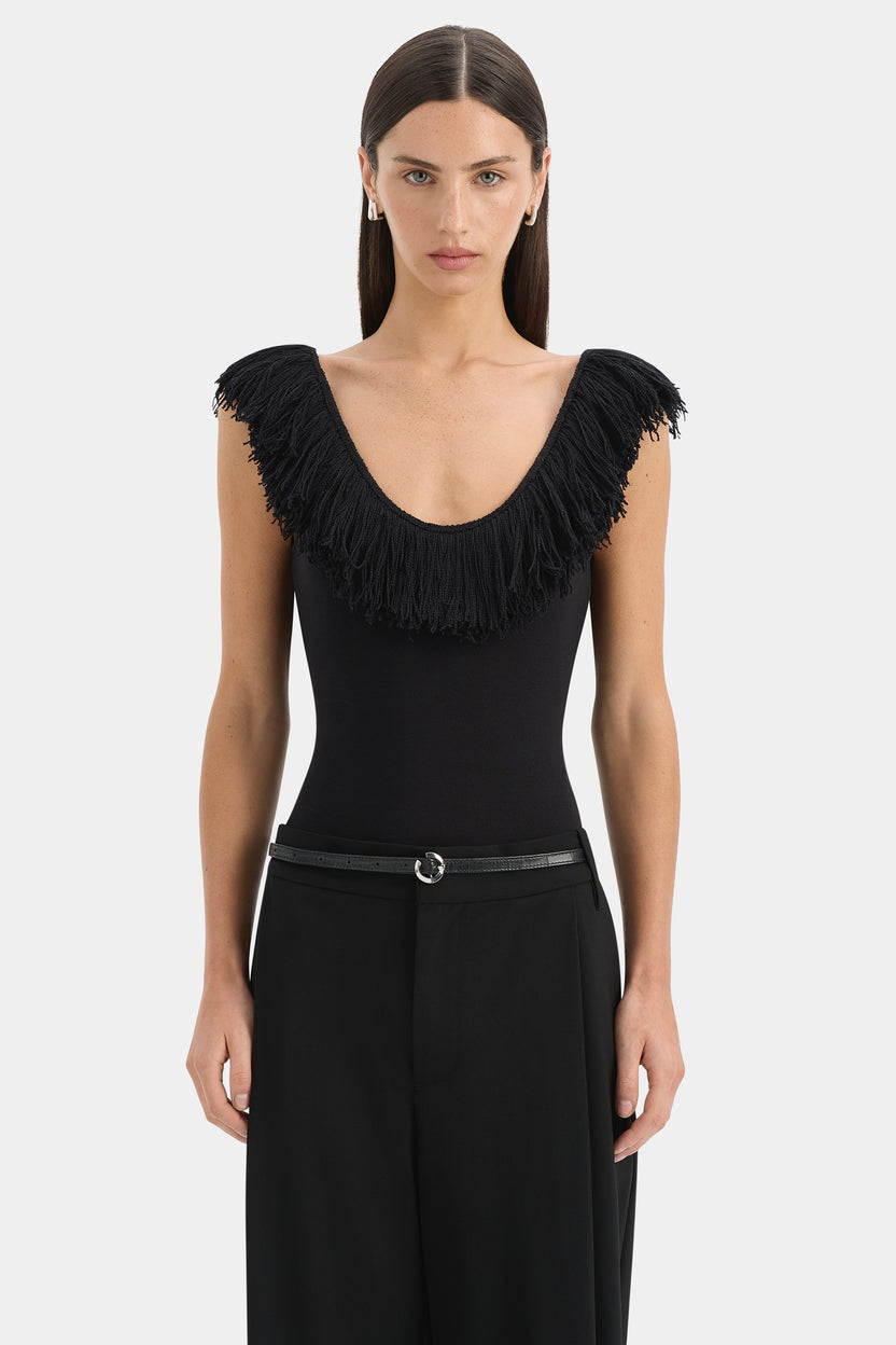 Marcelline Fringe Bodysuit | Black Compact Knit | SIR.