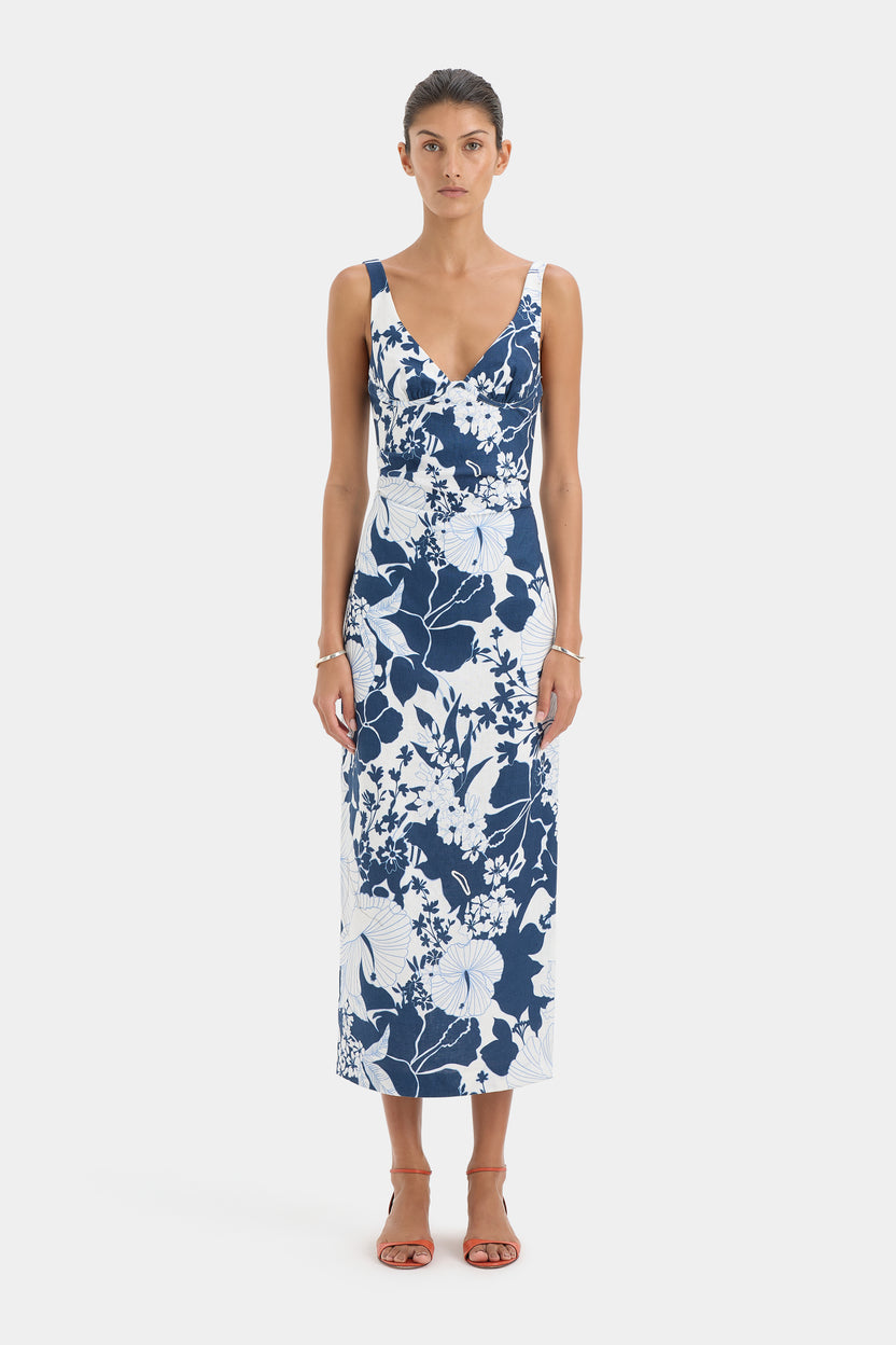 Paradiso Balconette Midi Dress | Blossom Blues Linen | SIR.