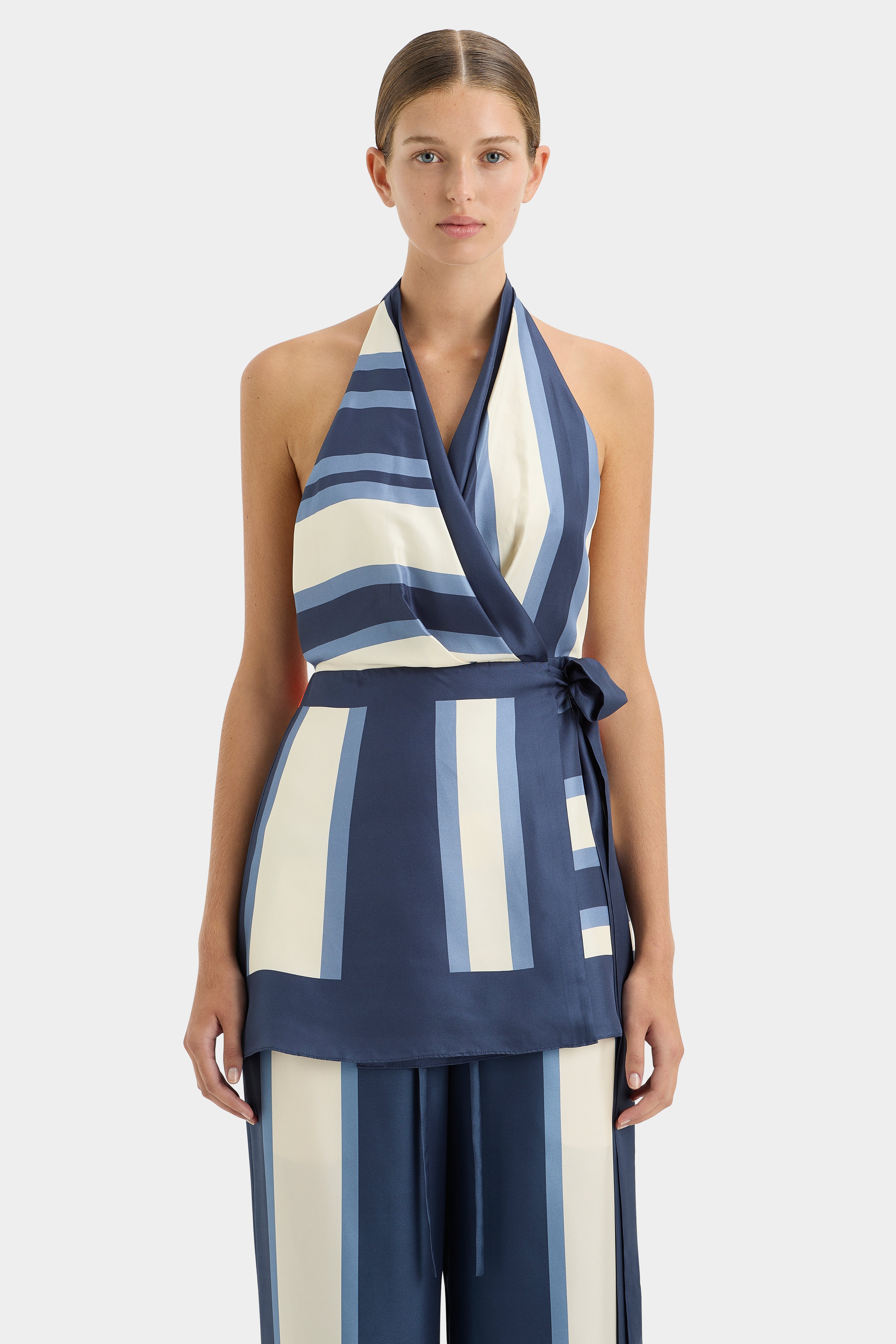 Dazed Wrap Halter Mini Dress | Blue Stripe Studio Print | SIR.