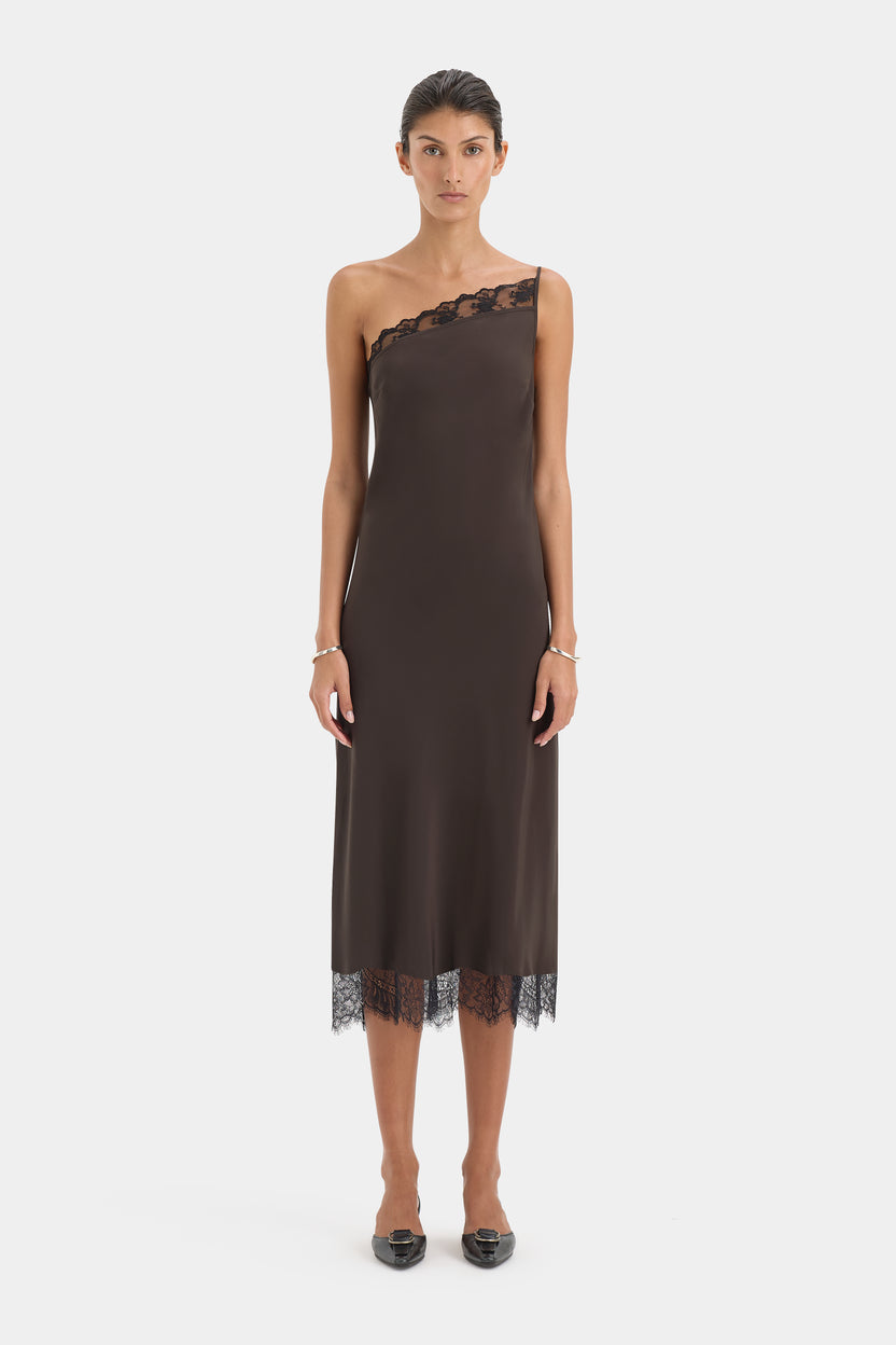 Aries One Shoulder Gown | Bitter Chocolate Silk Satin | SIR.